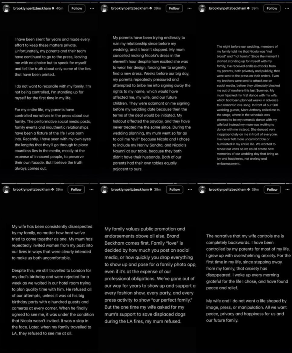실시간으로 가족들과 절연 선언 & 폭로한 브루클린 베컴 인스타 글